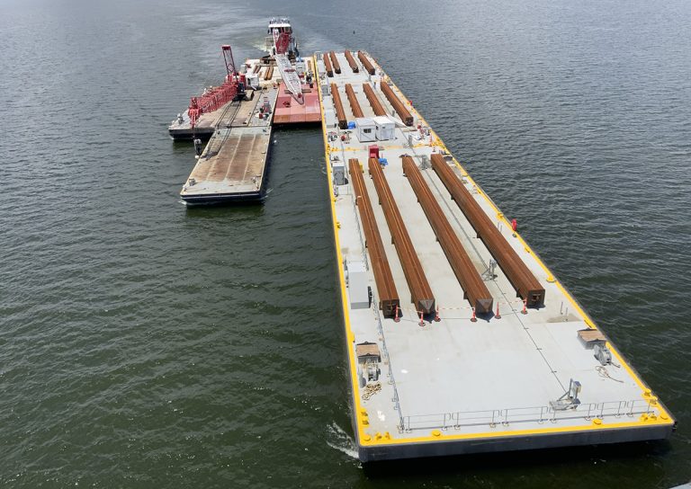 Spud Barges Installed As Interim Lock Guide Wall - The Waterways Journal